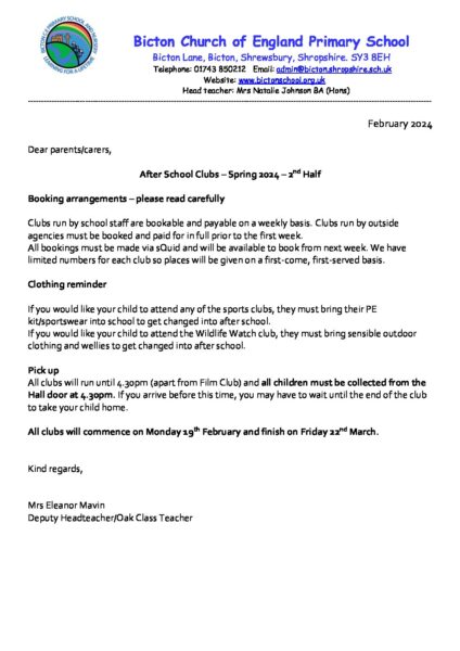 After School Clubs after half term – Bicton Primary School & Nursery