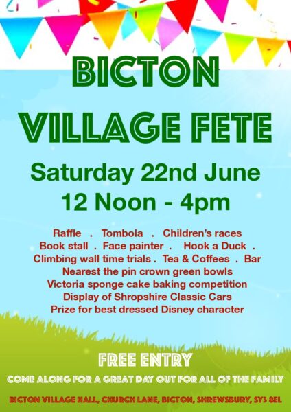 Bicton Village Fete – Saturday 22nd June – Bicton Primary School & Nursery