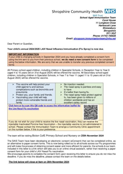 Flu immunisation – Bicton Primary School & Nursery