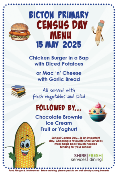 Census Day Menu – 15th May 2025 – Bicton Primary School & Nursery